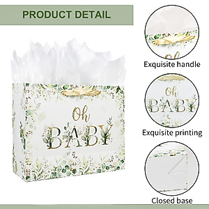 Foxrush 2 Sets of 13" Sage Green Baby Shower Decorations Giftware Bags with Handle, Tissue Papers and Greeting Card for Baby Shower, Giftware Bags for Newborn, Prospective Parents