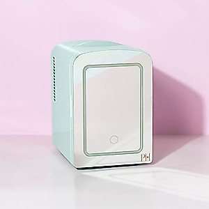 Paris Hilton Mini Refrigerator and Personal Beauty Fridge, Mirrored Door with Dimmable LED Light, Thermoelectric Cooling and Warming Function for All Cosmetics and Skincare Needs, 4-Liter, Aqua