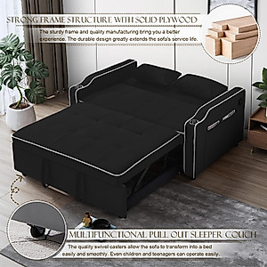 Velvet Pull Out Sleeper Sofa Bed with USB Ports, Convertible Futon Couch with Cup Holders and Pockets, 3 in 1 Modern Loveseat with Adjustable Backrest, Small Love Seat for Living Room, Office, Black