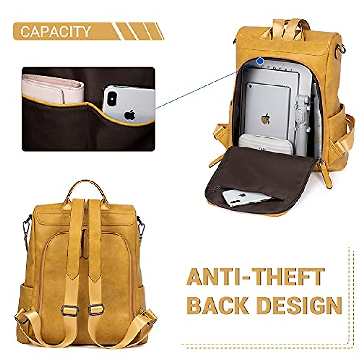 BROMEN Backpack Purse for Women Leather Anti-theft Backpack Fashion College Shoulder Handbag Yellow