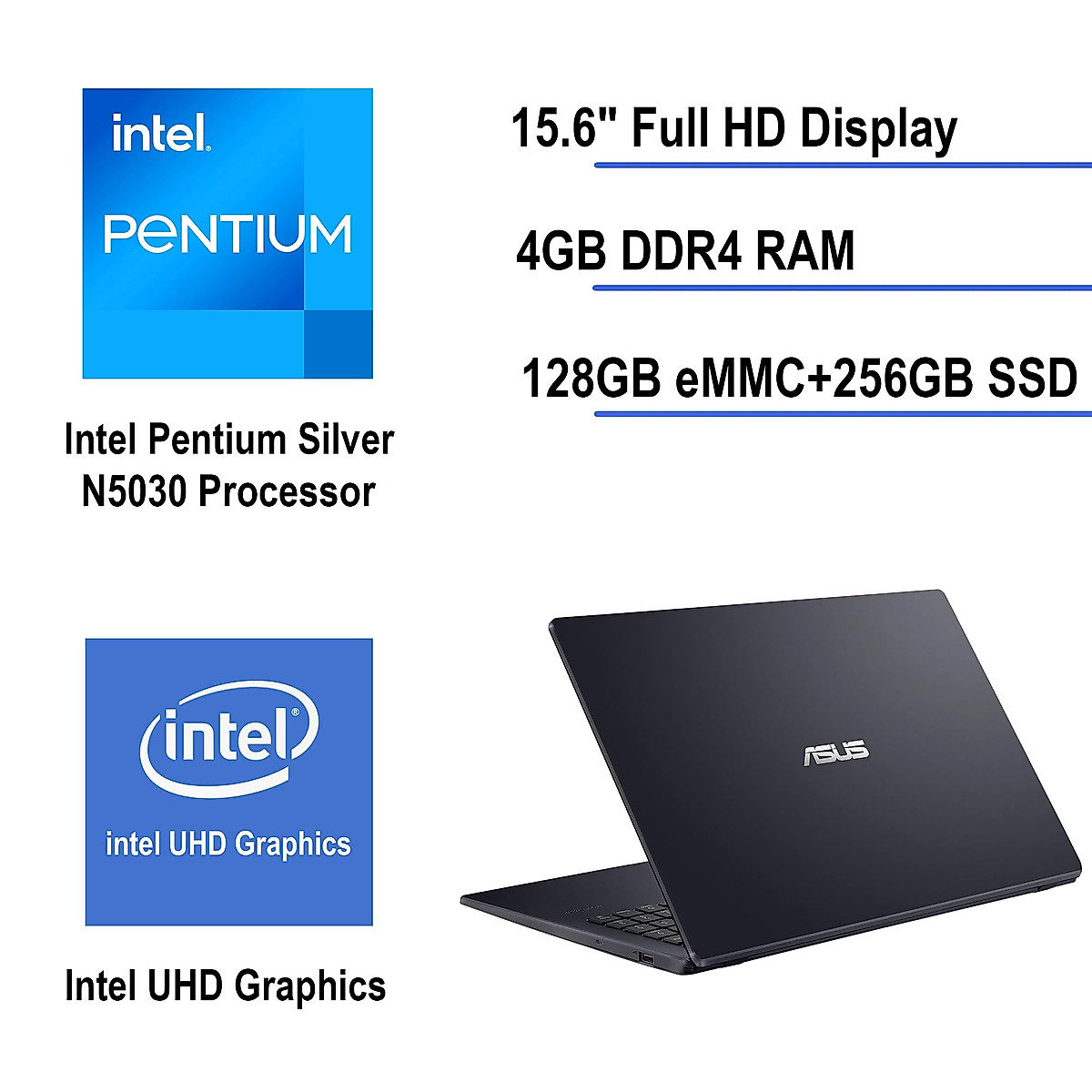 ASUS VivoBook Go L510 Laptop, 15.6" FHD Display, Intel Pentium Silver N5030 Processor, 4GB RAM, 128GB +256GB SSD, HDMI, Wi-Fi, Bluetooth, Windows 11 Home, 1 Year Microsoft 365, Black