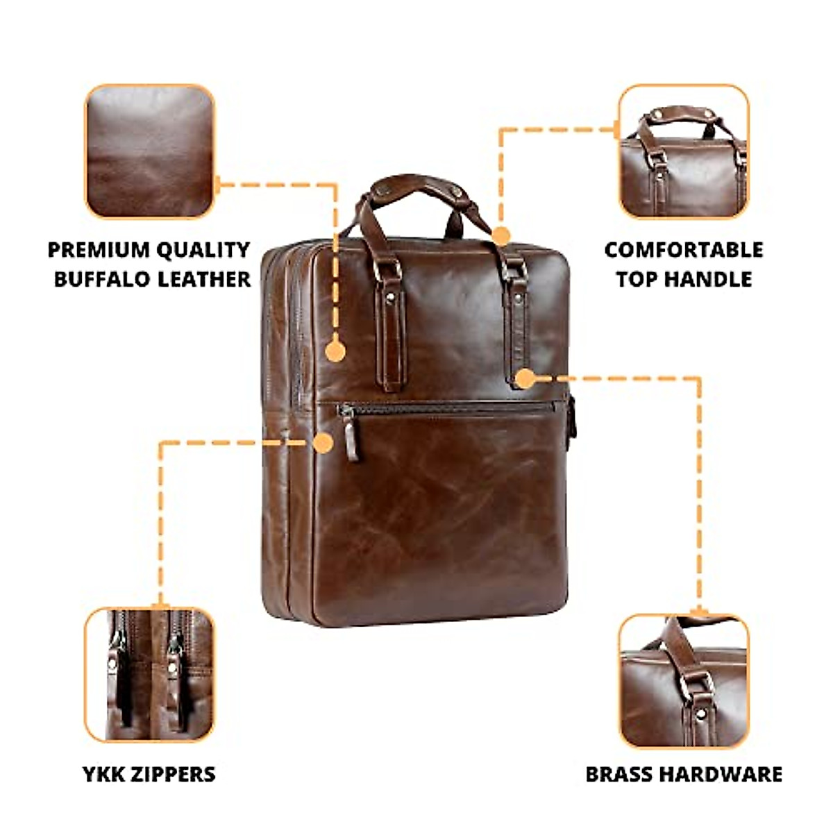 HULSH Leather Backpack For men and women 18 Inch - Full Grain Vintage Leather Laptop Backpack - Camping travel Rucksack Knapsack - Casual Bookbag Daypack with rustic look