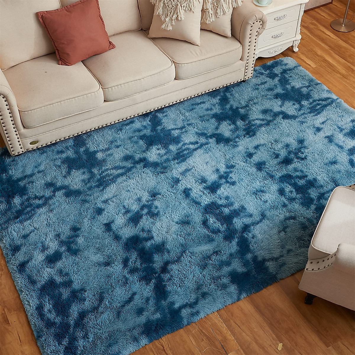 Arbosofe Area Rugs for Living Room Bedroom, 9X12 ft Tie dyed Blue Fluffy Fuzzy Shag Small Carpet Soft Plush Furry Clearance Rug, Cute Rugs for Nursery, Playroom, Kids and Girls Room