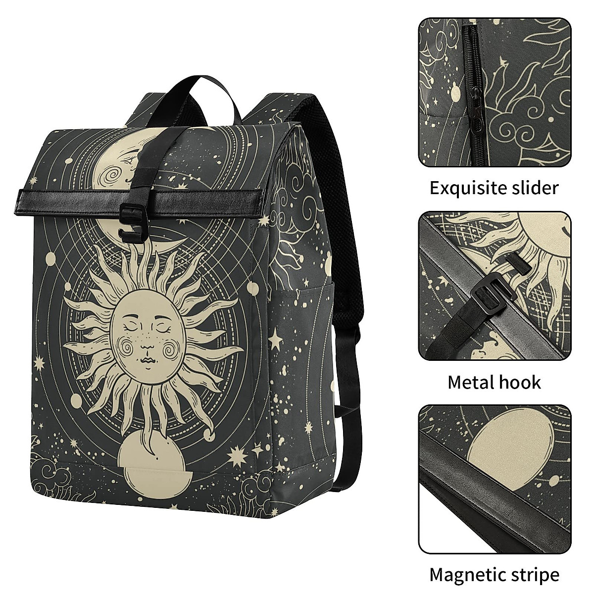 Astrology Tarot Goth Travel Roll Top Backpack for Men, Expandable Waterproof Trendy Laptop Backpack