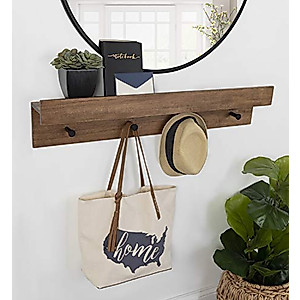 Kate and Laurel Levie Farmhouse 4-Knob Wall Shelf, 36 x 7.5 x 4.5, Rustic Brown and Black, Modern Accent Shelf and Coat Hooks for Hanging