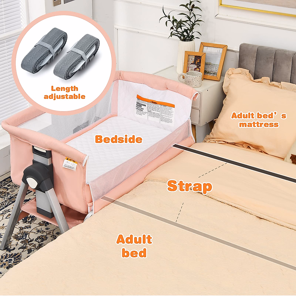 INFANS Baby Bassinet Bedside Crib, Newborn Sleeper w/Large Storage Basket, Adjustable Heights, Detachable &Washable Mattress, Breathable Mesh, Straps, Easy Moving Bed Side (Pink)