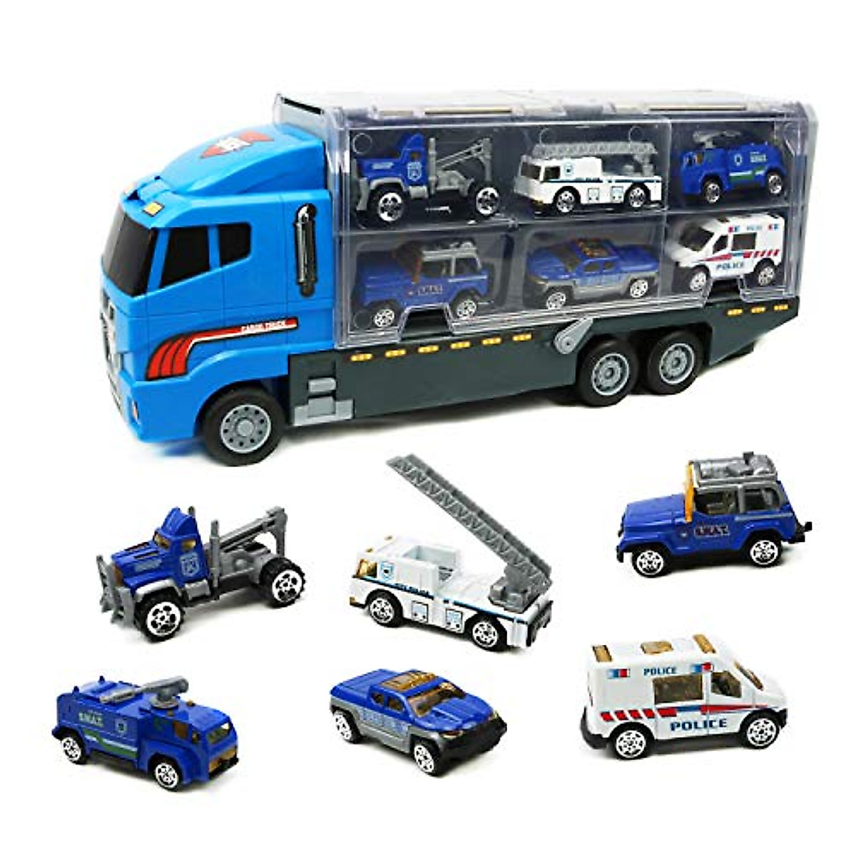 Smart Novelty Die Cast Emergency Trucks Vehicles Toy Cars Play Set in Carrier Truck - 7 in 1 Transport Truck Emergency Car Set for Kids Gifts (Police Vehicle Set)