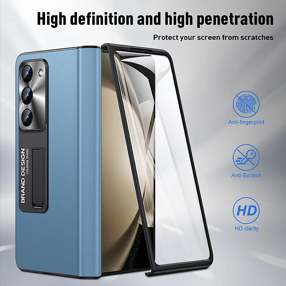 LEIAU for Samsung Galaxy Fold 5 Case: Luxury Genuine Leather case with Full Cover Hinge Protection & Screen Protector & Kickstand - Shockproof Protective Phone Case for Galaxy Z Fold 5 5G Blue