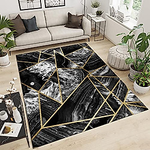 Vintage Luxury Black & White Marble Area Rugs, Cloud Pattern Gold Line Kids Rugs, Non-Slip Durable Easy Clean Low Pile Thin Rug for Hallway Patio Study Room Floor Bedside, 3x5ft