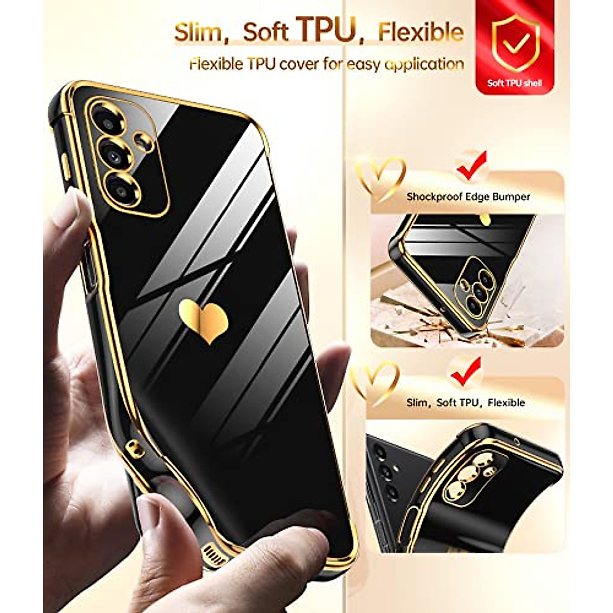 LeYi for Samsung Galaxy A13 5G Case: with Screen Protector [2 Pcs]+ Full Camera Protection, Love Heart Plating Girly Women Cute Luxury Soft TPU Case for Samsung A13 5G, Black