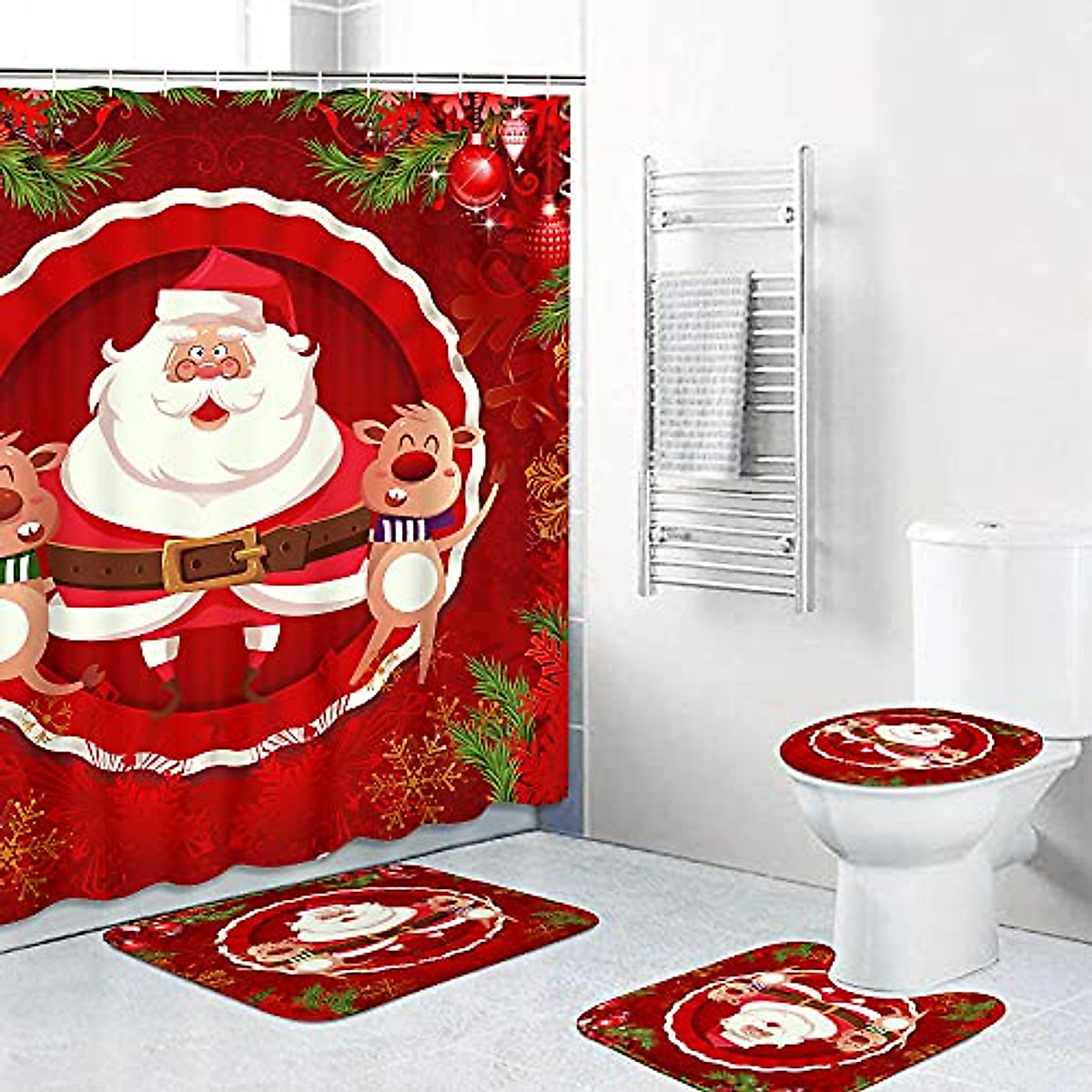 ArtSocket 4 Pcs Shower Curtain Set Red Santa Reindeer Merry Christmas Winter Xmas with Non-Slip Rugs Toilet Lid Cover and Bath Mat Bathroom Decor Set 72" x 72"