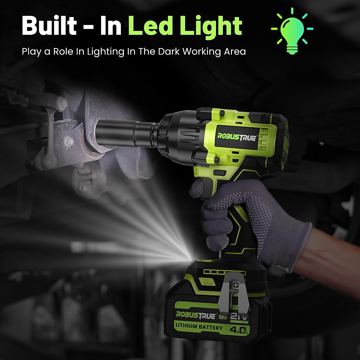 Robustrue 1000N.m(740ft-lbs) Cordless Impact Wrench, High Torque Brushless 1/2 Impact Gun, 2 x4.0Ah Battery 21V Max, Fast Charger, 4 Sockets, Pistola De Impacto for Home Car Tires Truck Mover