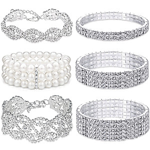 EIELO 6 Pcs Rhinestone Stretch Bracelet for Women Sparkly Clear Crystal Wedding Bridal Bridesmaid Stretch Bracelet Jewelry Stackable Elastic Pearl Multilayer Strand Link Tennis Bracelets Set