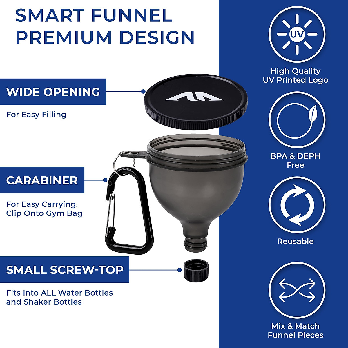 Protein Powder Funnel Set - Sleek Water Bottle Funnel for Powder Supplement with Cleaning Brush & Carabiners - No-Mess, Portable Protein Powder Container to Go for Workout, Fitness, Travel - 4 Pack