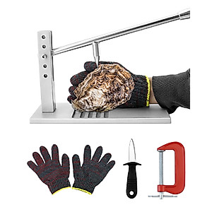 QWORK Oyster Shucker Machine Set - Oyster Shucker Tool, Adjustable Stainless Steel Oyster Opener Tool with Aluminum Alloy Base, Suction Cups, G-Clip, Knives, and Cut-Resistant Gloves