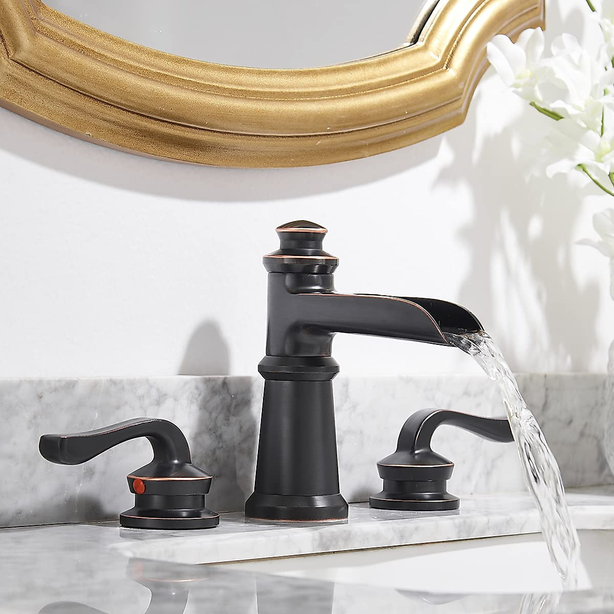 Homevacious Widespread Bathroom Faucet Oil Rubbed Bronze Waterfall 2-Handle with Pop up Drain Assembly Farmhouse 3 Holes 8-16 Inch Sink Rustic Mixer Tap Overflow Commercial Supply Lead-Free