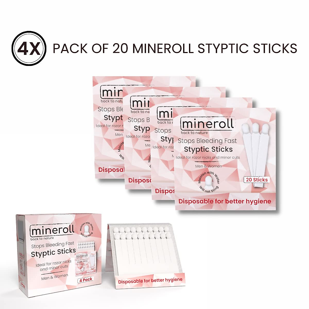 Mineroll Styptic Stick Shave Accessories (4-Packs, 80-Sticks) Stops Bleeding for Razor Nicks and Minor Cuts for Men & Women, Sanitary and Great for Barbers & Personal, Shaving Kit Essential (1)