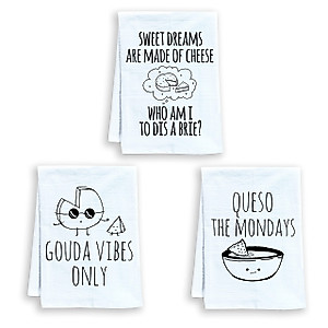 Moonlight Makers Funny Dish Towels, Set of 3, Funny Kitchen Towels, Sweet Housewarming Gift for Cheese Lovers, Farmhouse Kitchen Décor (Sweet Dreams…Brie, Gouda Vibes, Queso The Mondays)