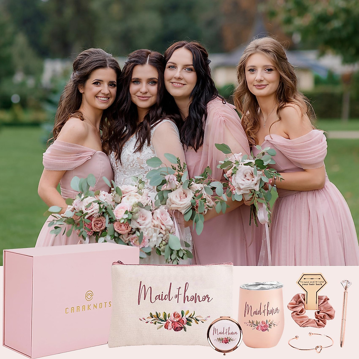 CARAKNOTS Maid of Honor Gifts Maid of Honor Proposal Gifts Box Will You Be My Maid of Honor Pink Bridesmaid Proposal Box Wedding Gifts for Bridesmaid Gifts Wine Tumbler 12 OZ