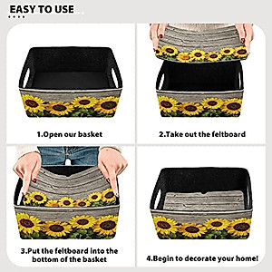 Emelivor Fall Sunflowers Yellow Storage Basket Bins Set (2pcs) Felt Collapsible Storage Bins with Fabric Rectangle Baskets for Organizing for Nursery Toys,Kids Room,Clothes,Towels,Magazine