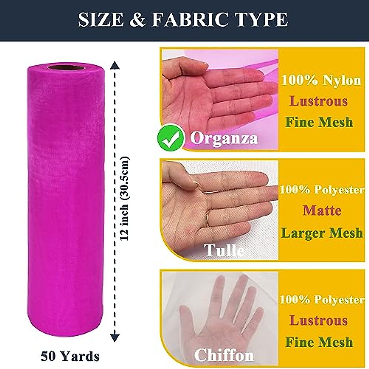 Fuchsia Organza Tulle Fabric Rolls, Crystal Organza 12" by 50 Yards (150 ft) Sheer Nylon Silky Shiny Netting Spool Bolt for DIY Craft Table Runner Wedding Baby Shower Party Decor (Fuchsia)