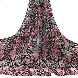 Bestway African Lace Fabric 5 Yards Laser-Cut Velvet Fashion Sequins Embroidery French Net Nigerian Women Party Celebration Fabric (Pink)
