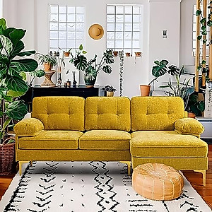 82" Sectional Couch w/Chaise Sleeper, Chenille Small L Shape Sofa Couch, Sofa with Chaise Mid-Modern Century Couch with Removable and Washable Cushions (Yellow)