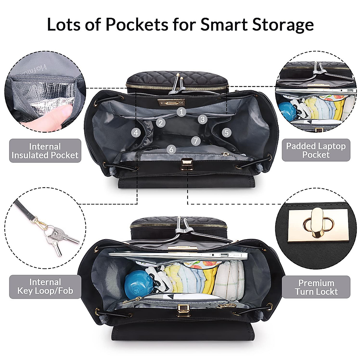 Hafmall Diaper Backpack for Mom, Stylish Baby Diaper Bag Backpack with Stroller Hooks, Multifunctional Baby Bag for Baby Girl Boy, Black