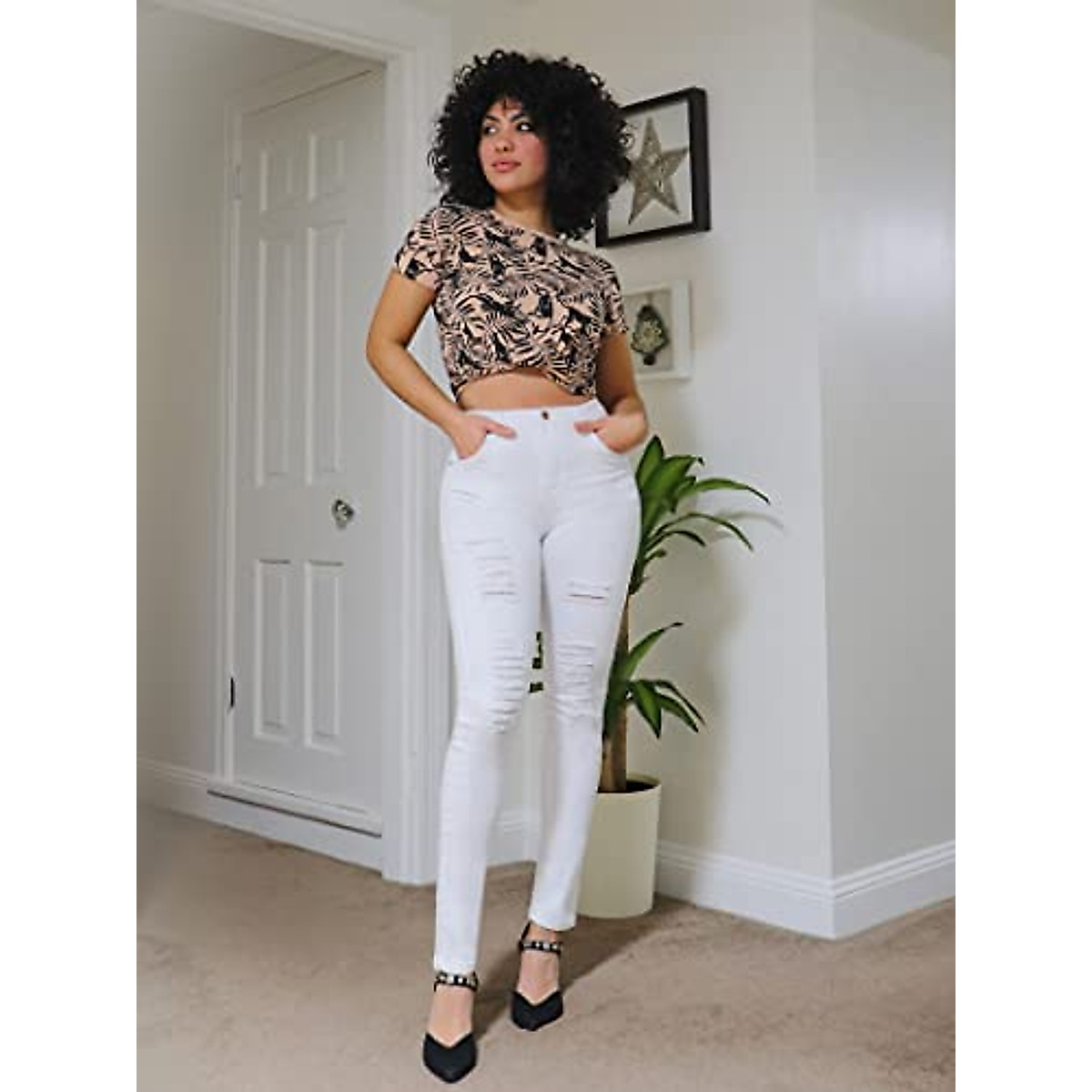 roswear Women's Ripped Mid Rise Destroyed Skinny Jeans White L