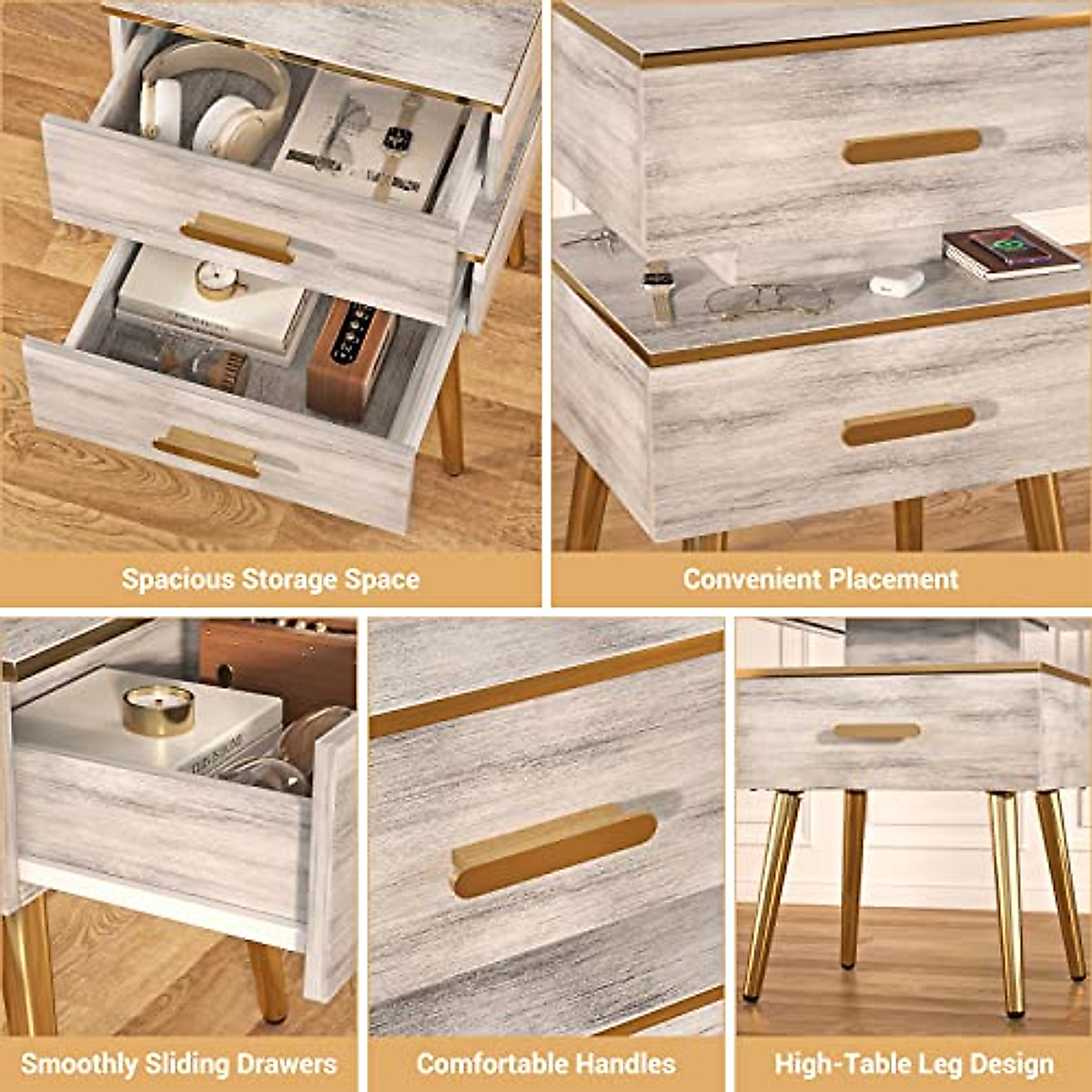 Cyclysio Night Stand with Charging Station, Modern Nightstand Bedside Tables with Led Lights, Bed Side Table Night Stand with Drawers for Bedroom and Sofa Side, 25'' Tall, White Oak Wood Finish