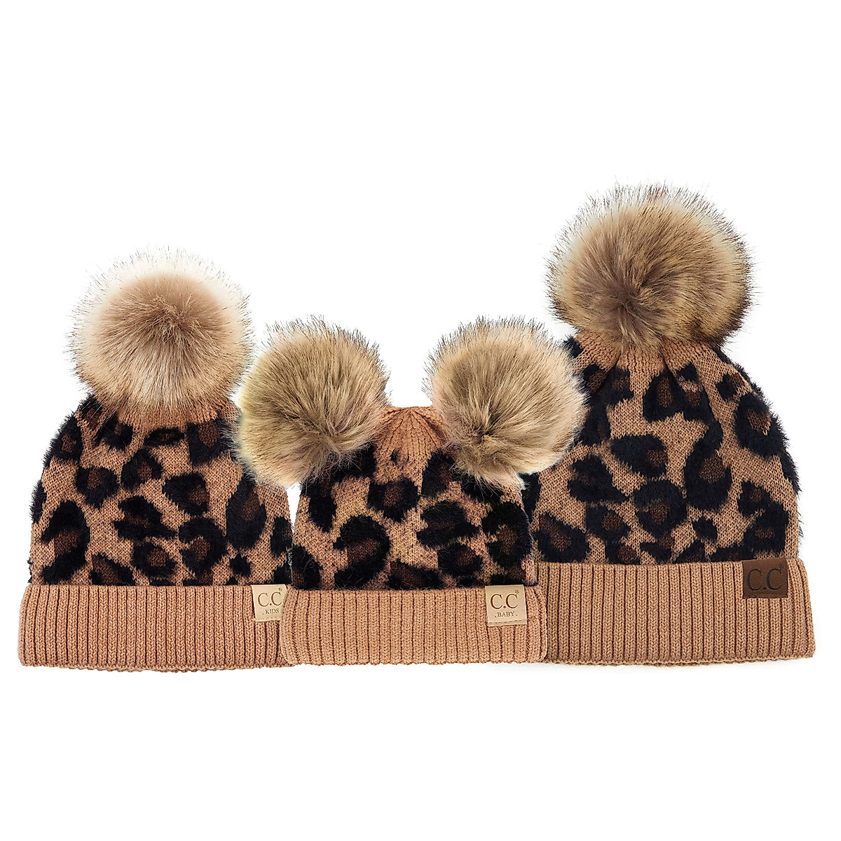 Funky Junque Matching Adult Toddler Infant POM Hat - Adult/Toddler (Single POM)/Infant (Double POM) - Leopard - Latte