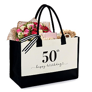 BeeGreen Tote Bag For Women Happy 50th Birthday Gifts For Women 13oz Canvas Beach Bag With Inner Pocket - Retirement Gifts For Women, Mom, Friends, Sisters, Teachers - Perfect Bags For Women