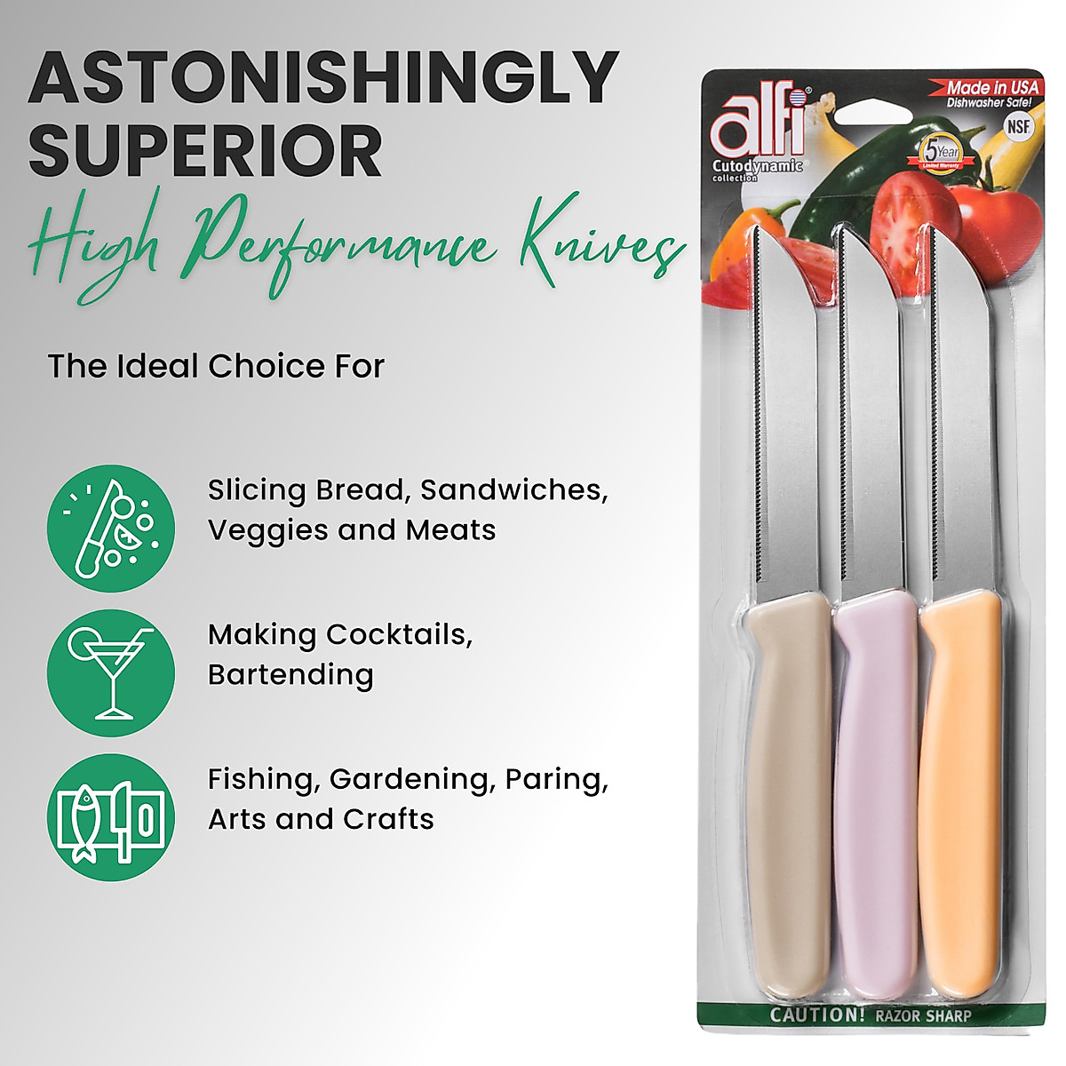 Alfi All-Purpose Knives Aerospace Precision Pointed Tip - Home And Kitchen Supplies - Serrated Steak Knives Set | Made in USA (Multicolor)