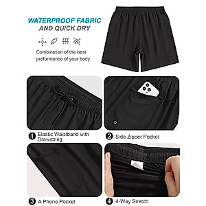 SILKWORLD 7 Inch Swim Trunks for Men Swimsuit with Compression Liner Bathing Suit Quick Dry Swim Shorts with Zipper Side Pockets,Black,Large