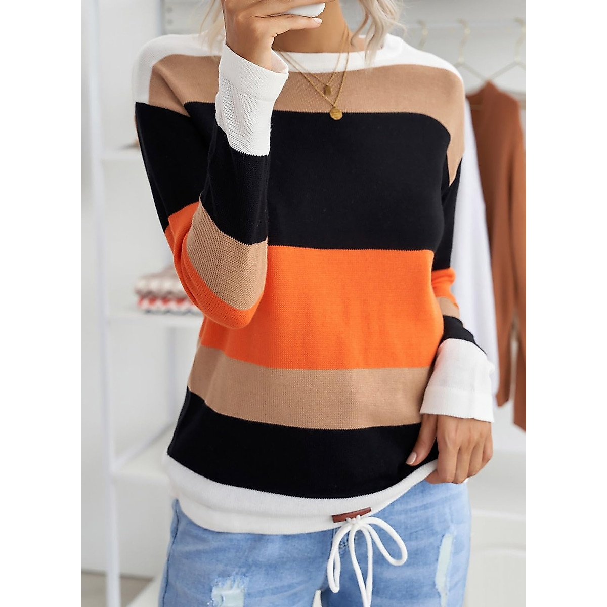 Dokotoo Womens Sweaters Round Neck Striped Cute Winter Pullover Sweaters for Women Trendy 2023 Drawstring Orange Medium