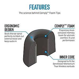 Comply TrueGrip Memory Foam Replacement Earbud Tips for Sennheiser Momentum, Momentum 2 True Wireless, CX-400BT Earphones - Secure Fit and Noise Blocking, Black (Assorted, 3 Pair)