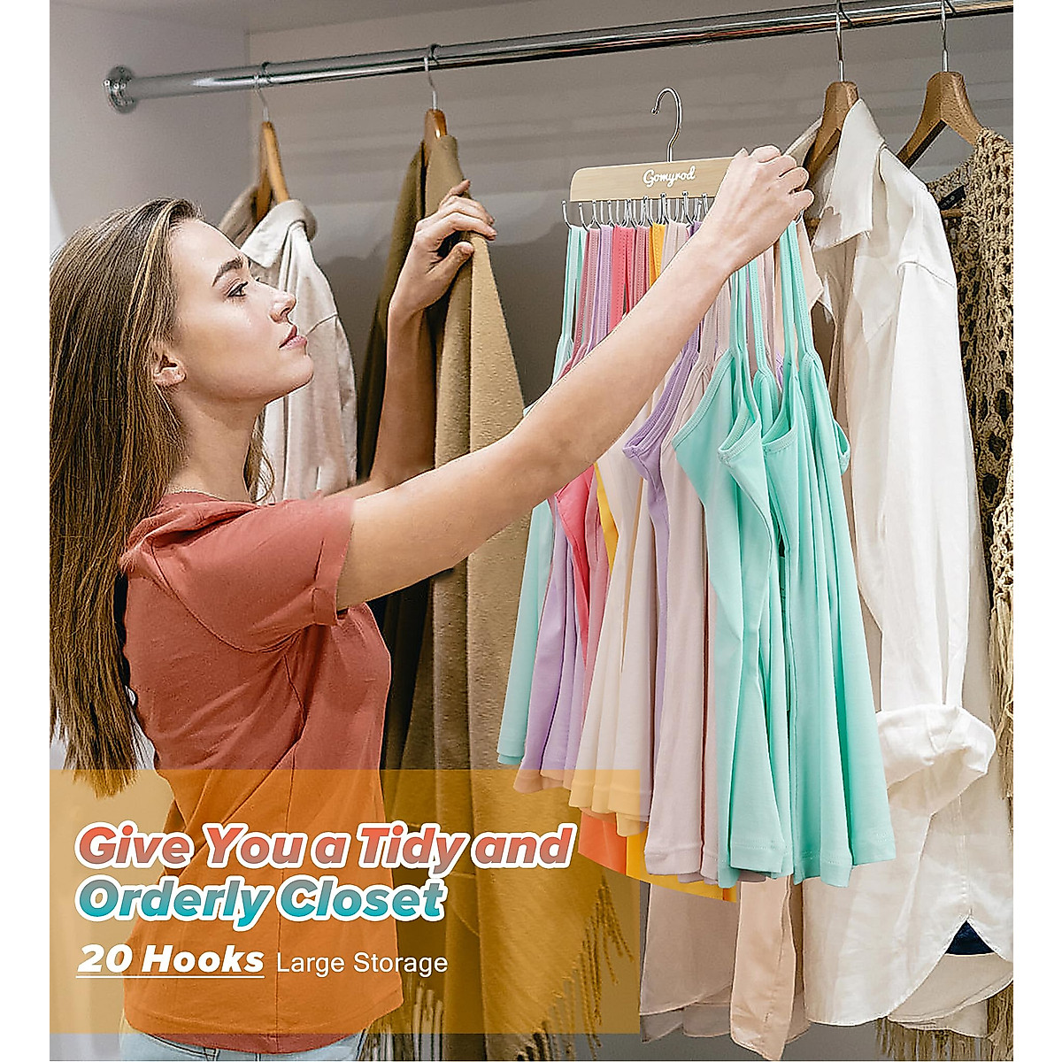 Gomyrod Bra Hanger for Closet, Tank Top Hanger 2 Pack w/20 Hooks Holds 40 Bras, Capacity Foldable Wood Space Saving Hanger, 360°Rotating Closet Organizers and Storage for Dorm & Apartment