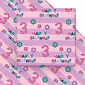 WRAPAHOLIC 3rd Birthday Wrapping Paper Sheet - 6 Sheets Pink Happy Birthday with Floral Design Folded Flat for Birthday, Party, Baby Showers - 19.7 Inch X 27.5 Inch Per Sheet