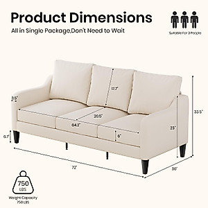 Luxury 72" Comfy Sofa Couch with Spring Cushion Comfy Upholstered 3 Seater Sofa Love-Seat Sofas & Couches with Deep Seat And Ultra Thick Cushion Compact Small Couch for Bedroom Apartment Office Beige