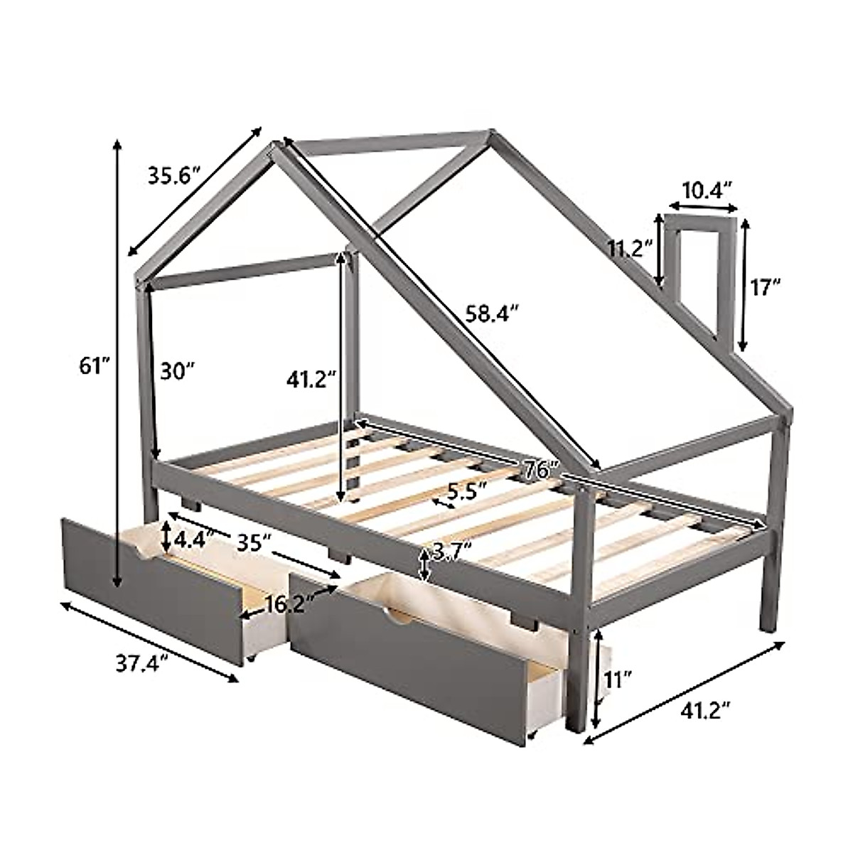 Platform Bed Daybed with Two Pull-Out Drawers and Roof, House Bed Frame for Kids, Twin Size, Gray