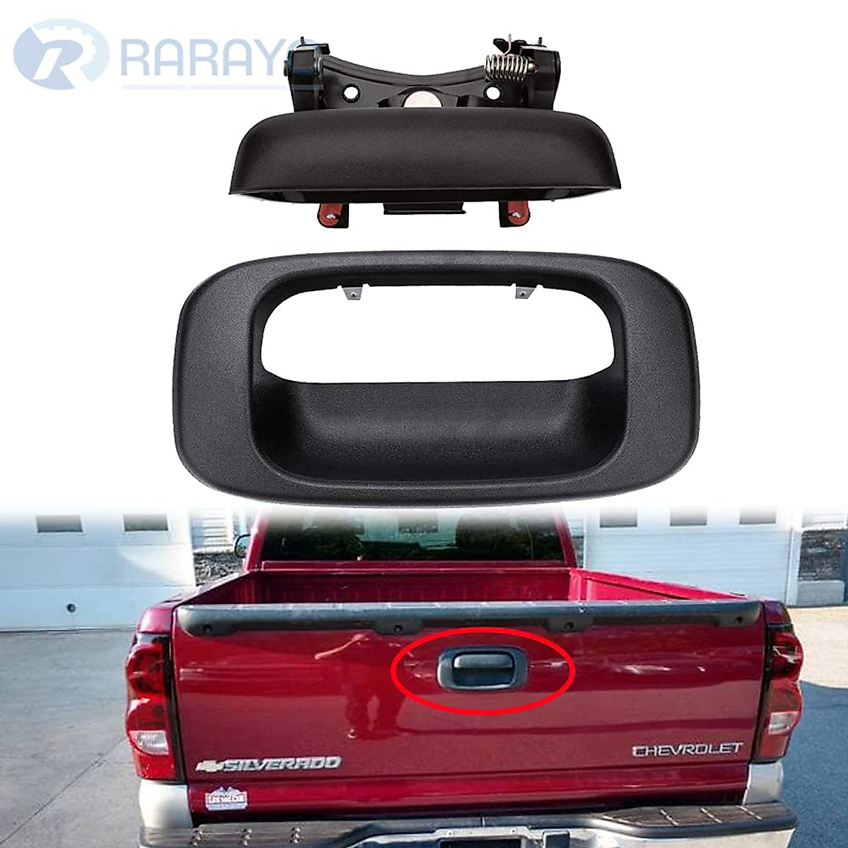 RARAYC Tailgate Handle and Bezel | Replacement for 1999-2007 Chevy Silverado GMC Sierra 1500 2500 3500 | Replaces# 15997911, 15228539, 15228541, 15228540