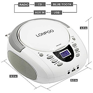LONPOO Portable Boombox - CD Player, Bluetooth, USB, MP3, AUX, FM Radio, Portable, Built-in Stereo Speakers, Carrying Handle, LCD Display, White