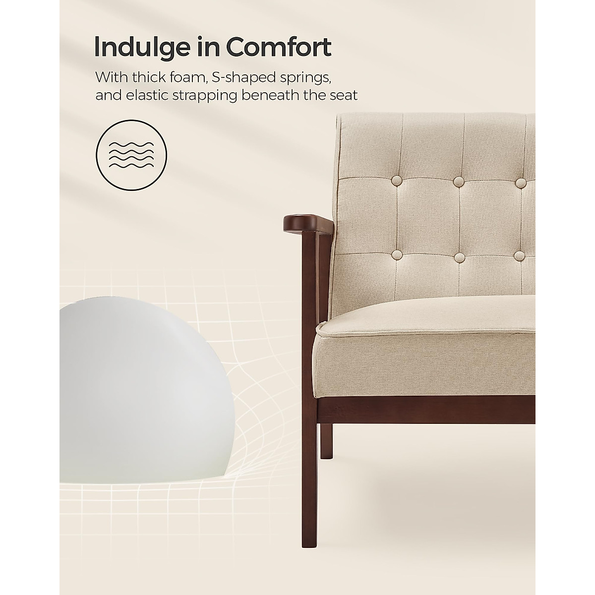 SONGMICS Loveseat Sofa, 2 Seater Cushioned Couch for Small Spaces, Mid-Century Modern 51.2-Inch Wide Seat with Solid Wood Armrests, Easy Assembly, for Living Room Bedroom, Sand Beige ULAC012M01