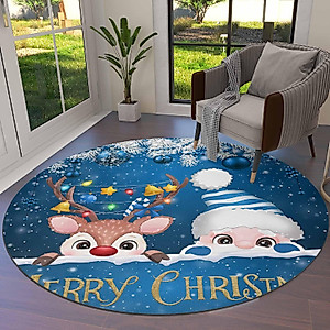 Santa Claus Area Rug Carpet for Kids Teen Girls Boys Bedroom, Living Room, Washable Outdoor Indoor Accent Throw Runner Floor Mat Area+Rug Christmas Elk Cartoon Pine Tree Leaves Blue 3FT(Round)