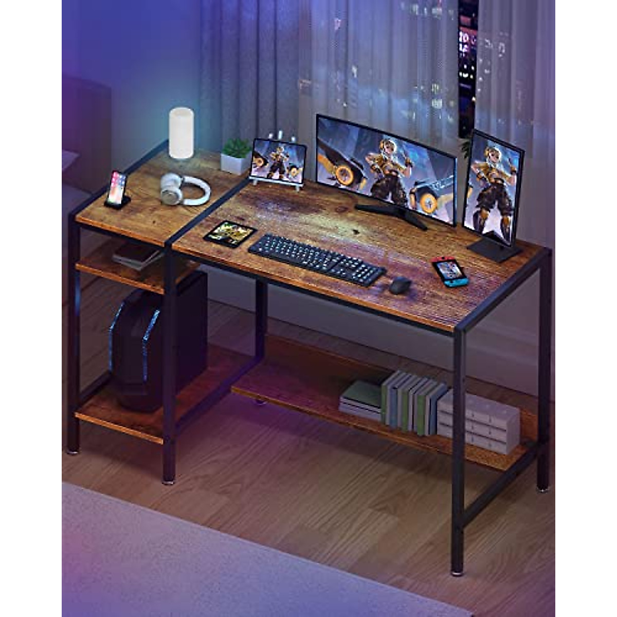 MINOSYS Computer Gaming Desk - 47" Home Office Desk with Storage, Rustic Writing Desk with Monitor Stand, Modern Simple Study Corner Table, Adjustable Storage Space.