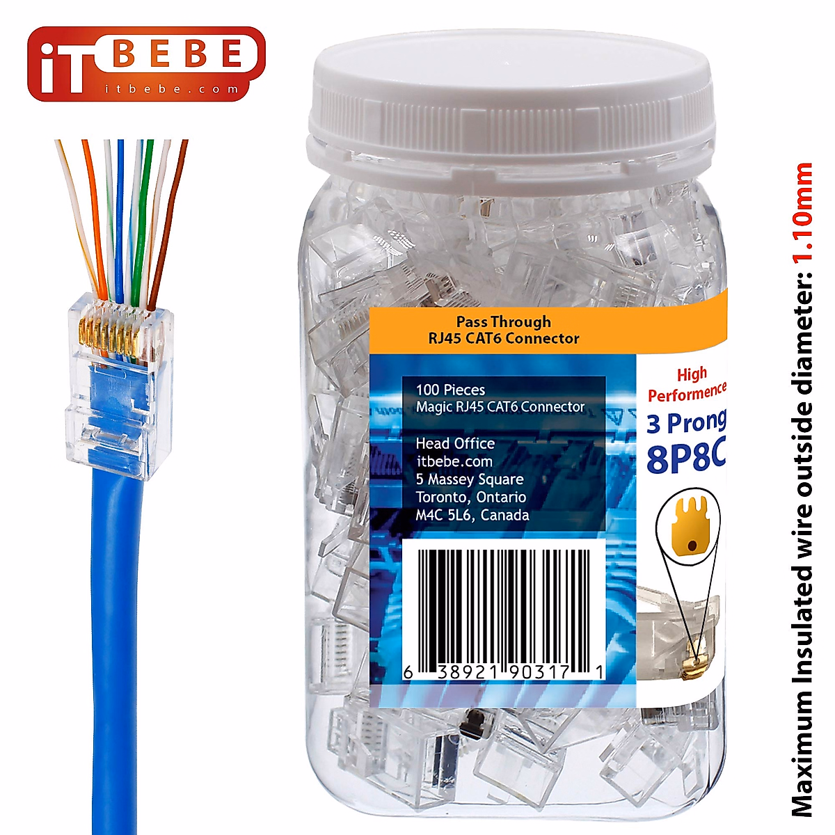 ITBEBE 100-Pack RJ45 Pass Through Connector | Cat 6 Connectors for High-Speed Data | Pass Through RJ45 with Gold-Plated Contacts | Universal Compatibility | Simplified Termination | Professional-Grade