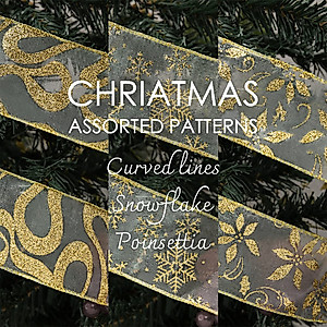 Vitalizart Christmas Ribbon Gold Wired Organza Sheer Ribbon 2.5 Inch x 10 Yards Glitter Snowflake for Tree Decoration Gift Wrapping Crafts Wreath Topper Bow Wedding Invitations Bridal Bouquets