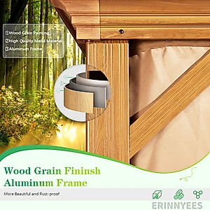 Erinnyees 12' x 14' Aluminum Wood Grain Hardtop Gazebo, Outdoor Aluminum Double Roof with Privacy Curtain and Mosquito Net for Patio, Lawn, Garden, Backyard(Wood Looking)