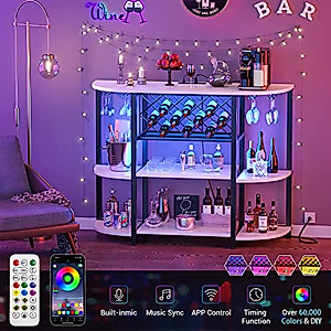 Unikito Bar Table Cabinet with Charging Station,Wine Rack Table with LED light, Wine Bar Cabinet with Storage, Freestanding Floor Bar Cabinet for Liquor and Glasses for Home Kitchen Dining Room, White
