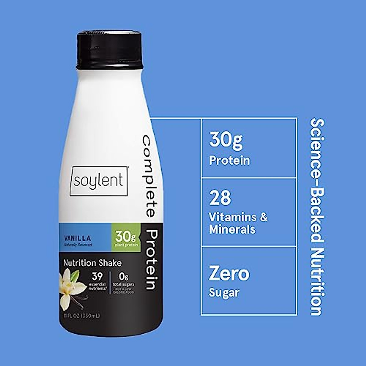 Soylent Complete Protein Shake, Vanilla, 30g Protein, Vegan, Dairy Free and 0g Sugar, Ready to Drink Protein Drinks, 11oz (12 Pack)